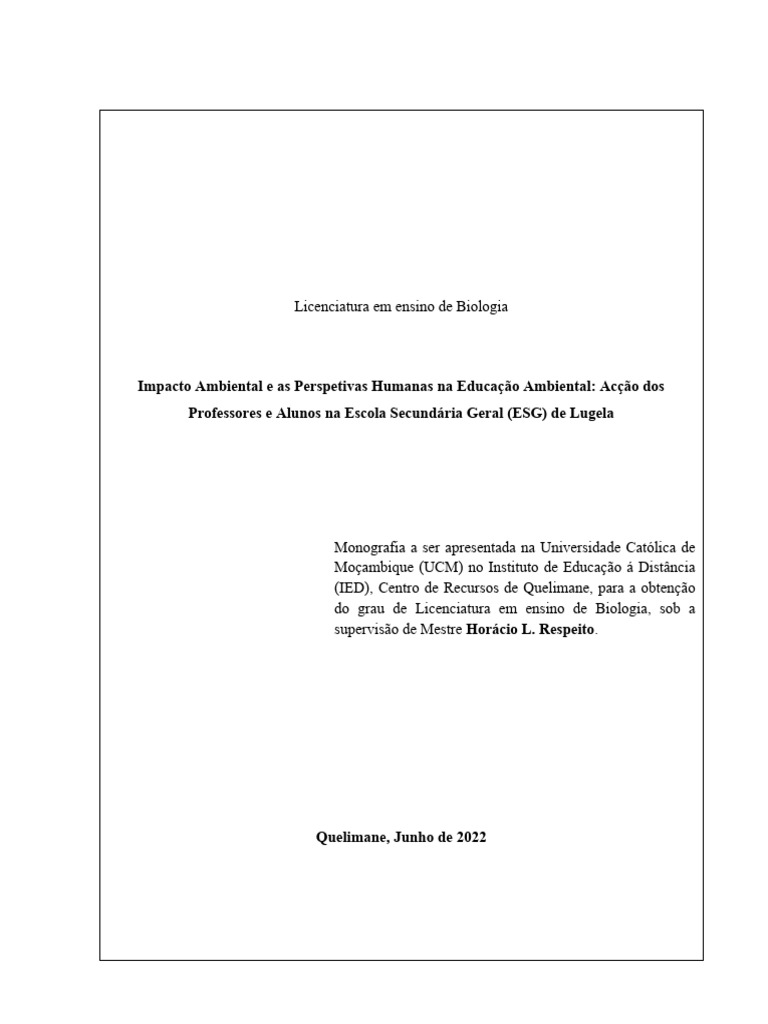 Monografia - Nhamtumba 2022 - Biologia | PDF | Aprendizado | Ambiente natural