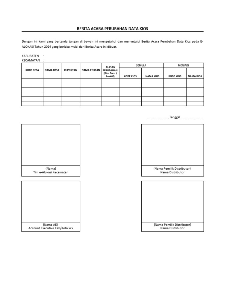 Form Berita Acara Perubahan Data Kios - New 2024 | PDF