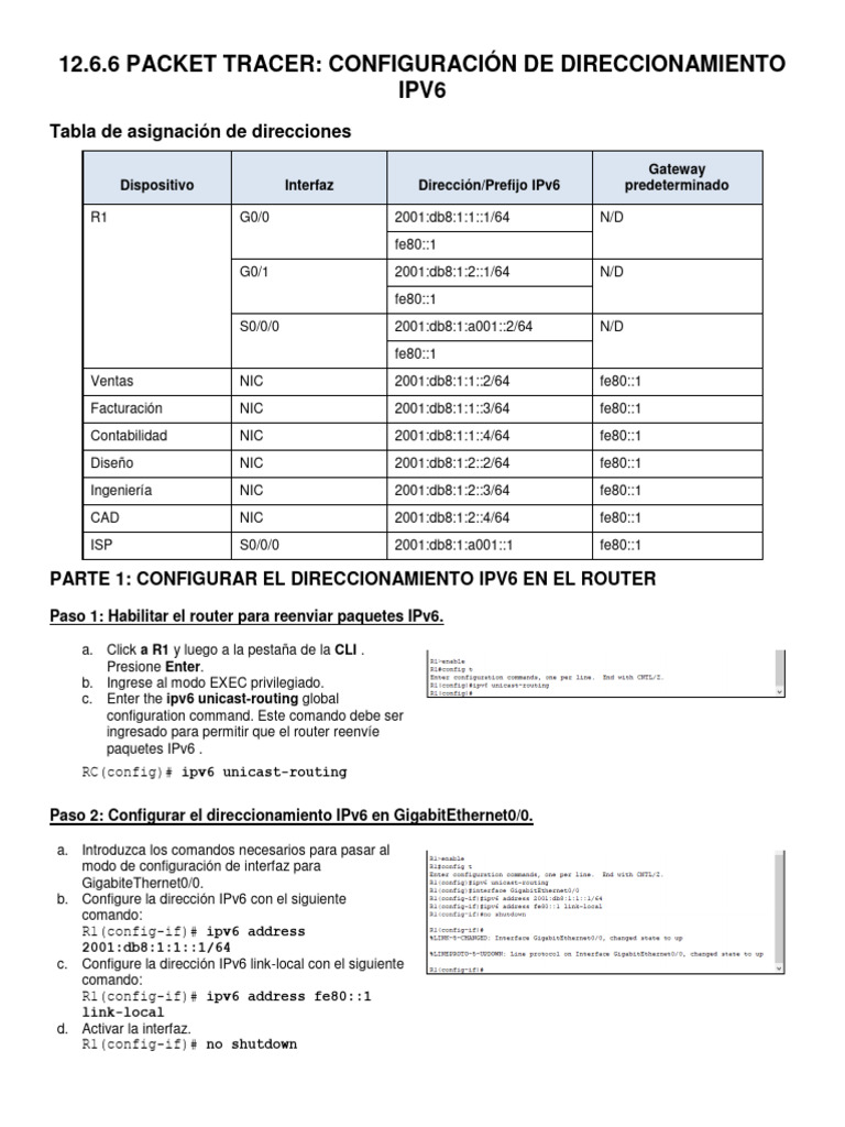 12.6.6 Packet Tracer Configuracion de Direccionamiento Ipv6 | PDF | Yo Pv6 | Enrutador (Computación)