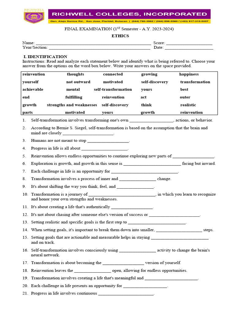 Ethics Final Exam: Self-Transformation | PDF