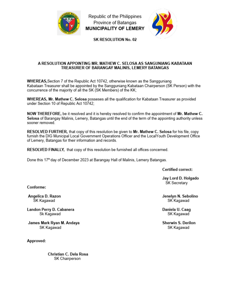 Resolution Sk-Treasurer | PDF