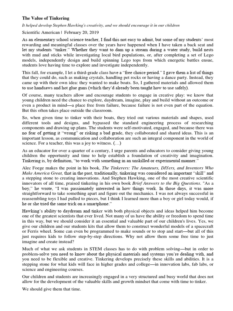 Tinkering Pdf Creativity Cognition