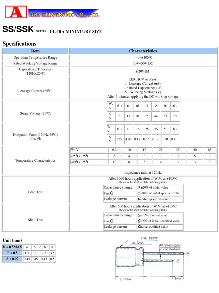 Ark (Radial Thru-Hole) SS-SSK Series | PDF | Capacitor | Capacitance