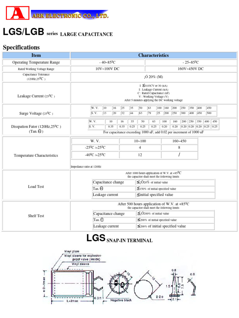 Ark (Snap-In) LGS-LGB Series | PDF | Capacitance | Capacitor