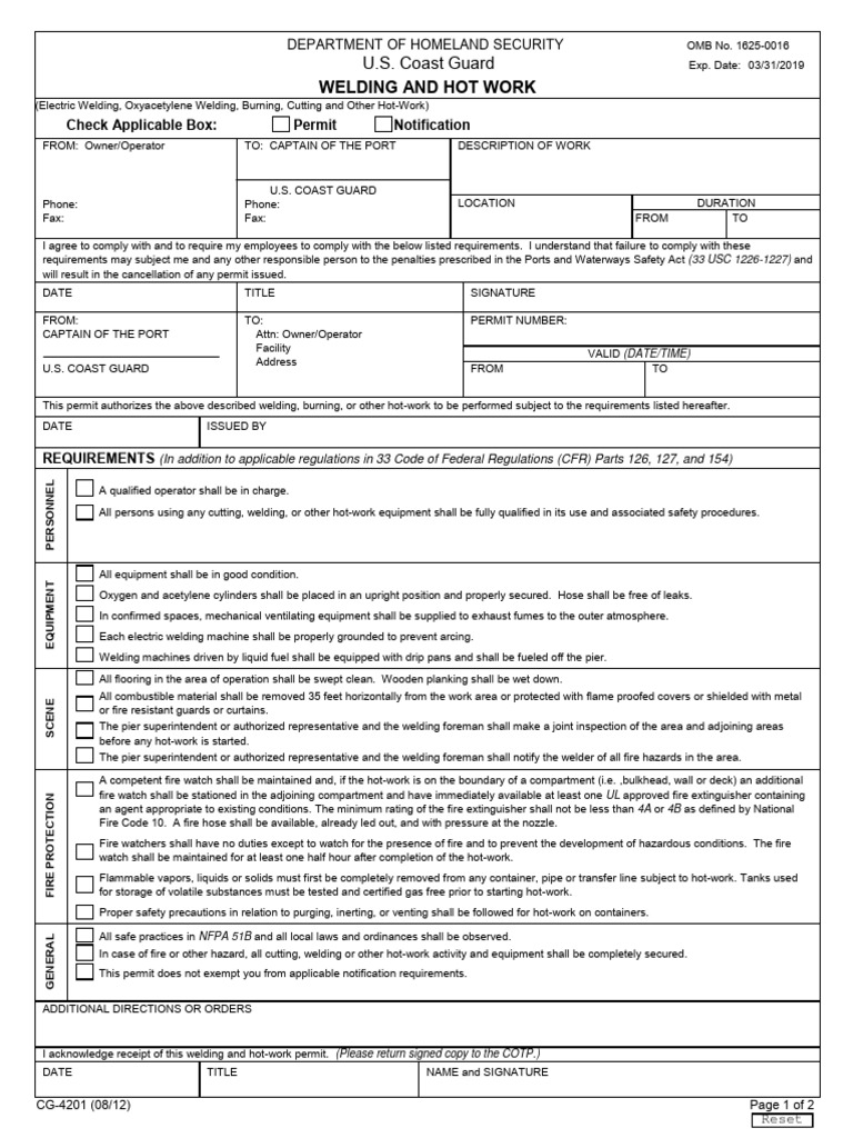 CG - 4201 Welding and Hot Work Form | PDF | Fires | Welding