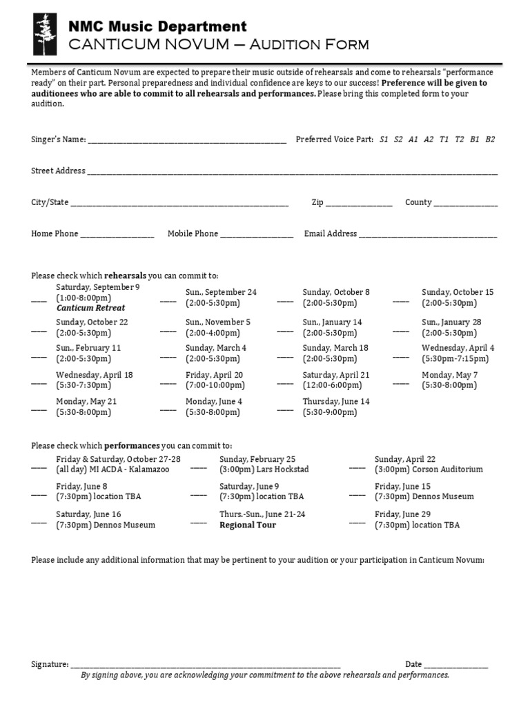 Canticum Novum Audition Form 2017-2018 | PDF | Audition | Music Performance