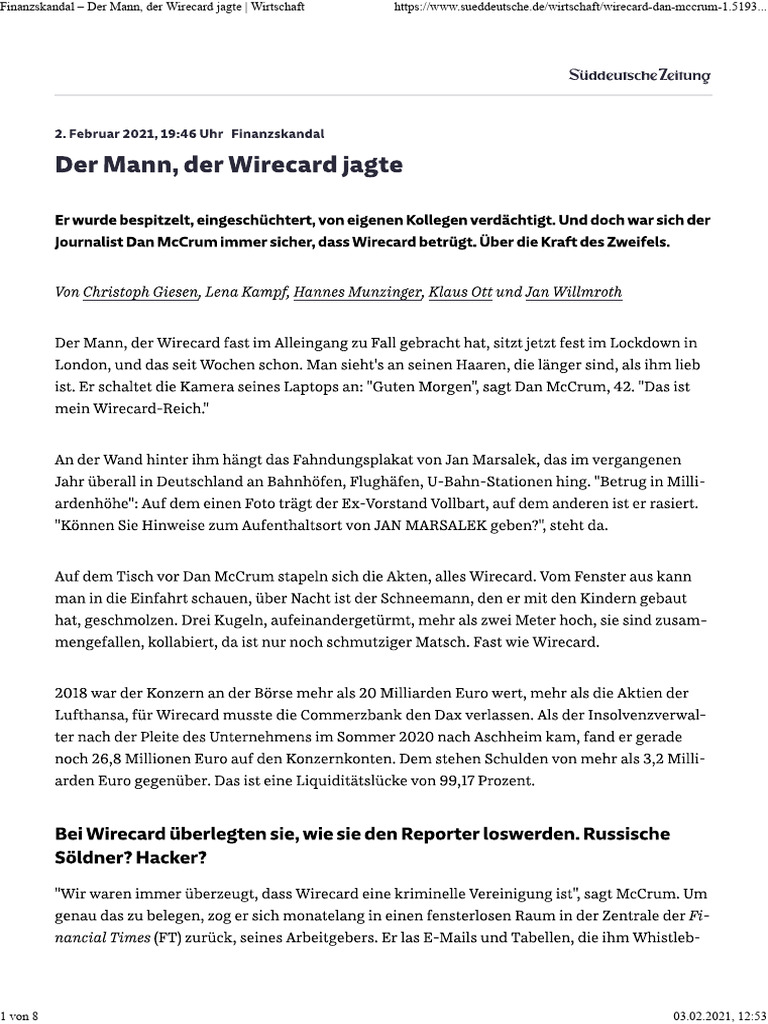 WireCard - Der Mann Der Wirecard Jagte - SZ - 2021-02-03 | PDF WireCard - Der Mann Der Wirecard Jagte - SZ - 2021-02-03 | PDF