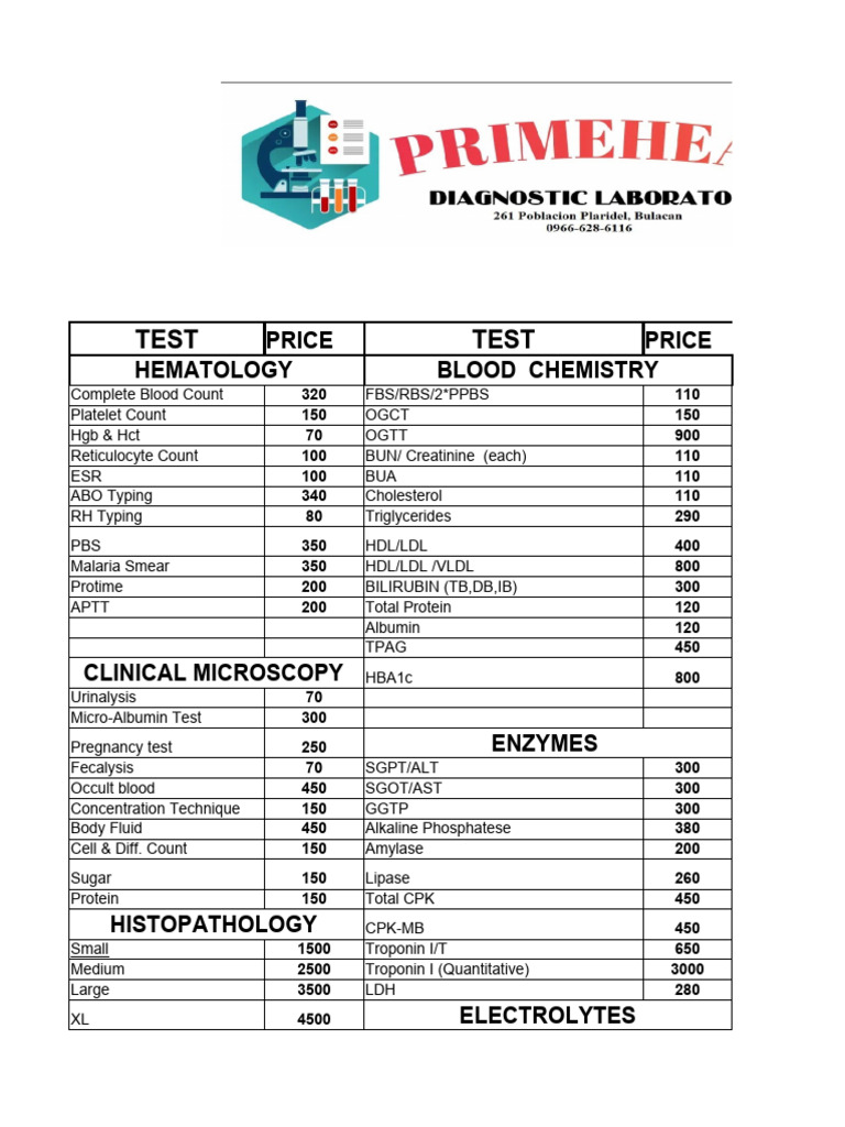 PDL - Updated Price List | PDF | Clinical Medicine | Medical Specialties