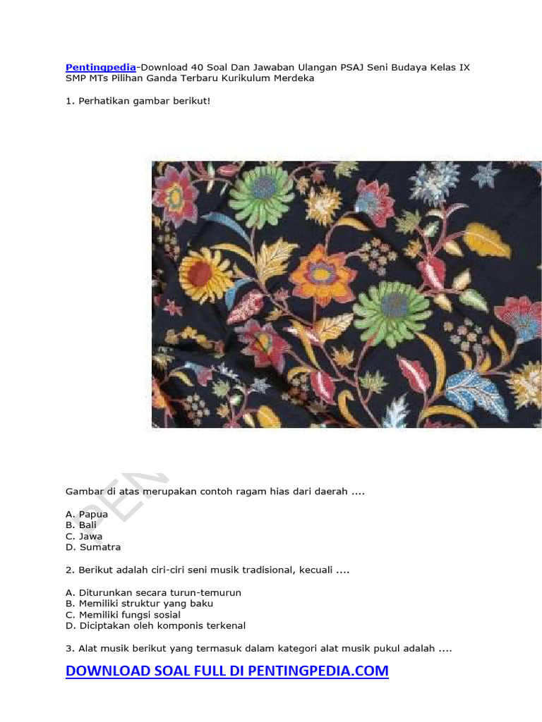 Soal Dan Jawaban Ulangan PSAJ Seni Budaya Kelas IX SMP MTs Pilihan Ganda Terbaru Kurikulum ...