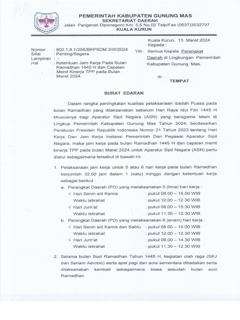 Surat Edaran Ketentuan Jam Kerja Pada Bulan Ramadhan | PDF