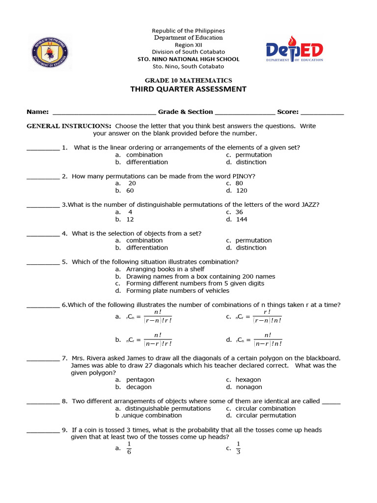 Grade 10 - Q3 | PDF | Permutation