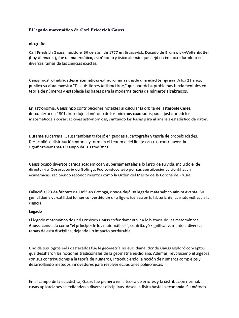 El Legado Matemático de Carl Friedrich Gauss Es Fundamental | PDF ...