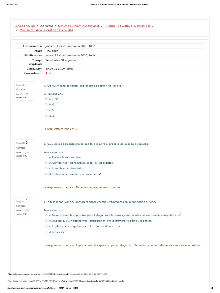M Dulo 1 Calidad y Gesti N de La Calidad Revisi N Del Intento PDF | PDF