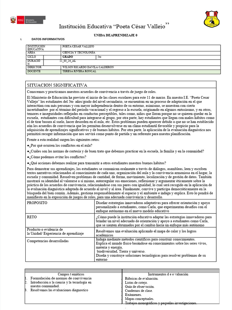 UNIDAD DE APRENDIZAJE 5TO AÑO | PDF | Evaluación | Science UNIDAD DE APRENDIZAJE 5TO AÑO | PDF | Evaluación | Science