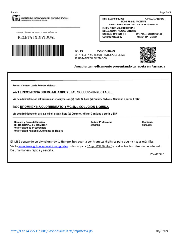 Receta Médica IMSS: Lincomicina y Bromhexina | PDF