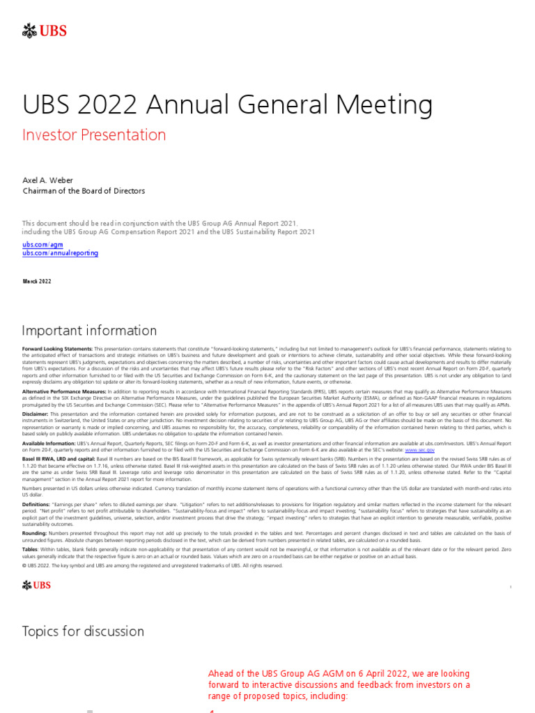 Ubs 2021 Agm Presentation English Final | PDF | Share Repurchase | Dividend