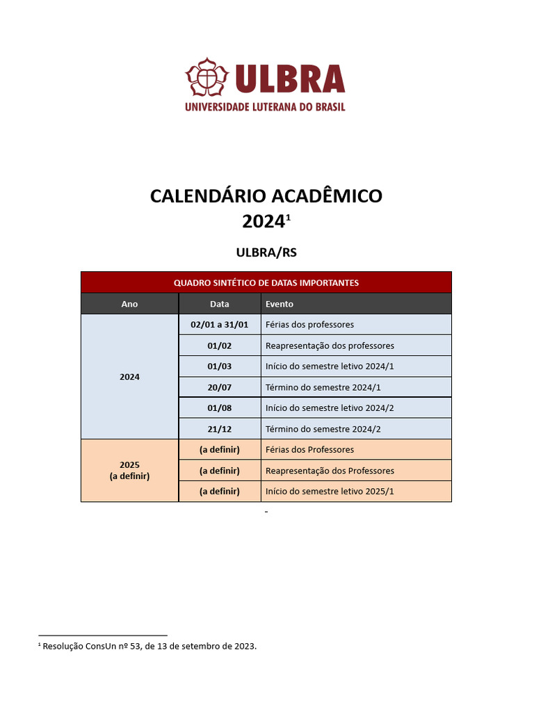 Calendário Acadêmico ULBRA 2024 | PDF