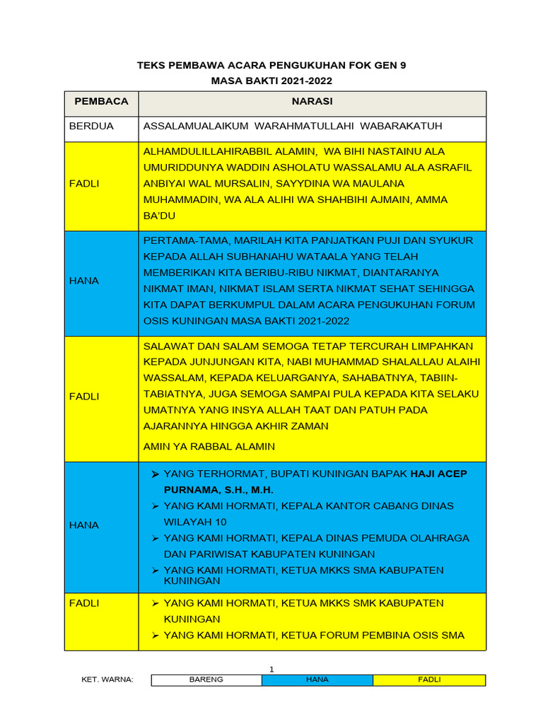 Teks Pembawa Acara Pengukuhan Fok Gen 9 | PDF