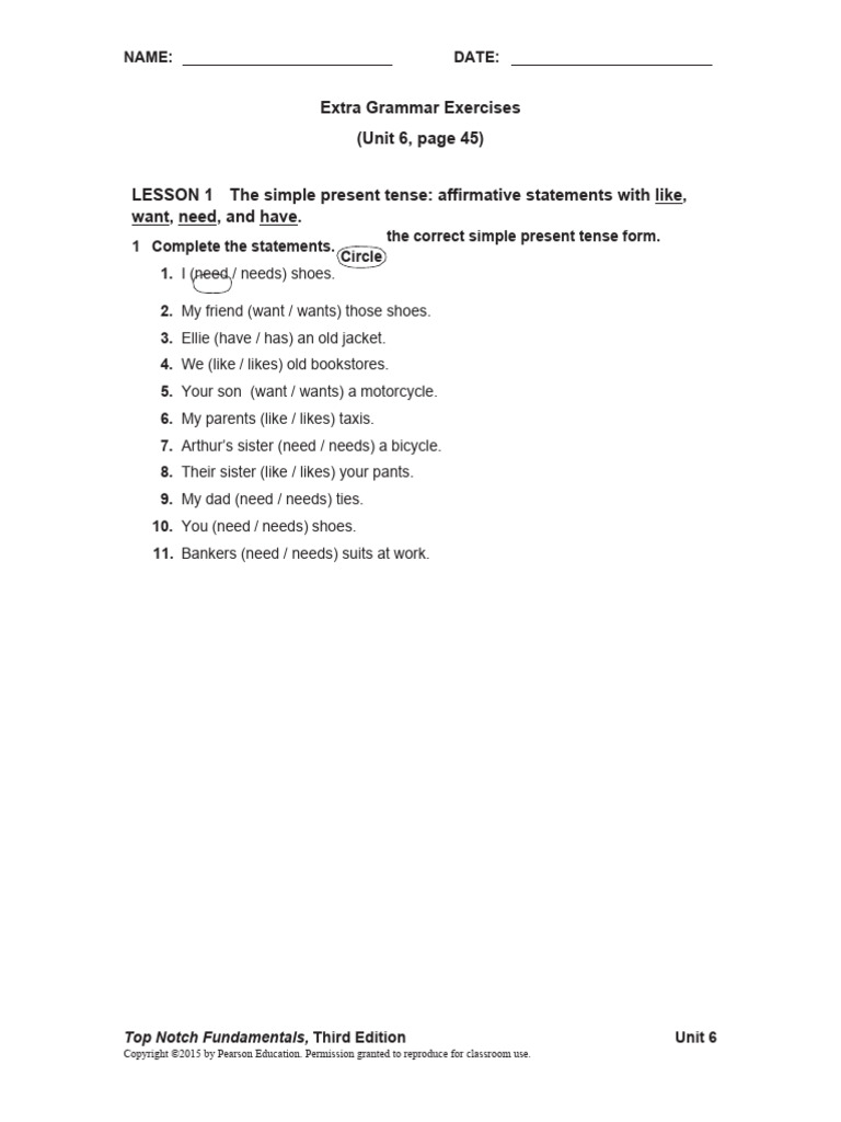 Extra Grammar Exercises (Unit 6, Page 45) : Top Notch Fundamentals ...