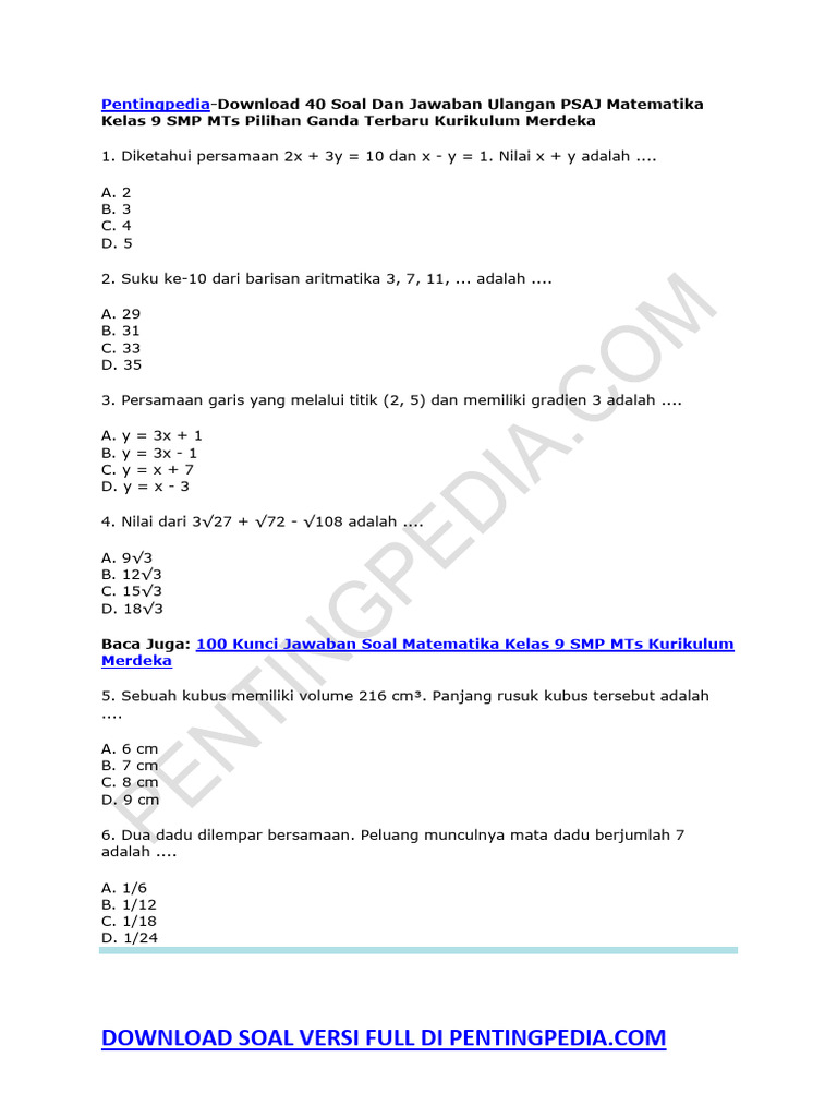 Bank Soal Dan Jawaban Ulangan PSAJ Matematika Kelas 9 SMP MTs Pilihan Ganda Terbaru Kurikulum ...