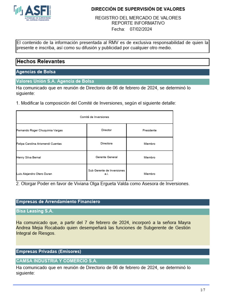 Reporte Informativo ASFI Al 07 02 2024 | PDF | Bolsa | Bolsa de Valores