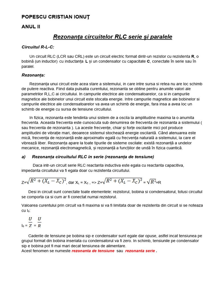 Rezonanta Circuitelor RLC Serie Si Paralele | PDF