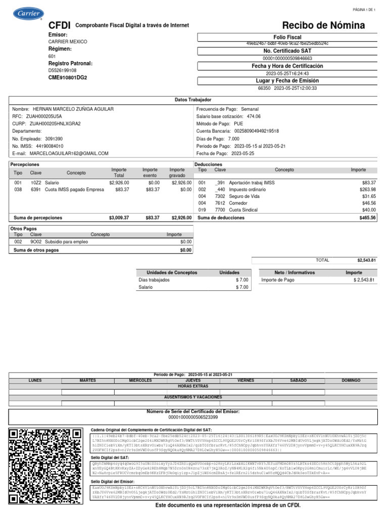 Cfdi Recibo de Nómina: Comprobante Fiscal Digital A Través de Internet ...