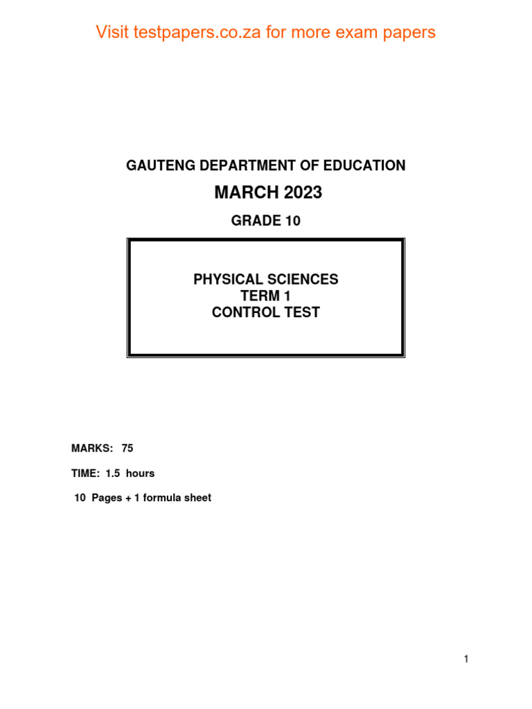 Gr 10 Physical Sciences English Term 1 2023 Controlled Test Question