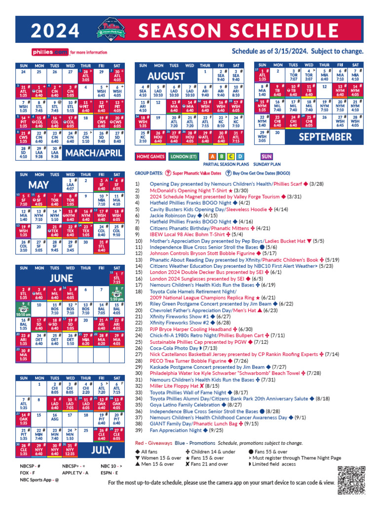 2024 Philadelphia Phillies Schedule | Download Free PDF | Baseball ...