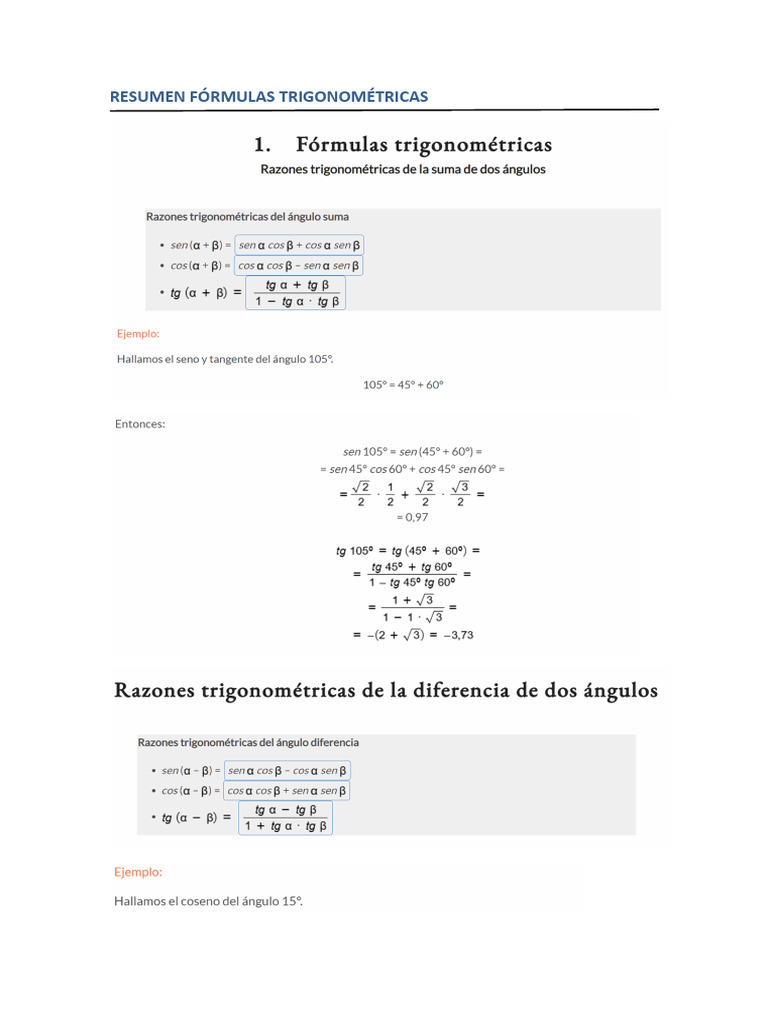 Resumen fórmulas y ecuaciones trigonométricas | PDF
