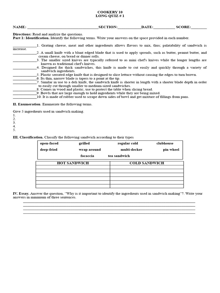 Long Quiz Num 1 | PDF | Sandwich | Knife