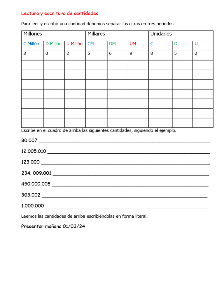 Lectura y Escritura de Cantidades | PDF
