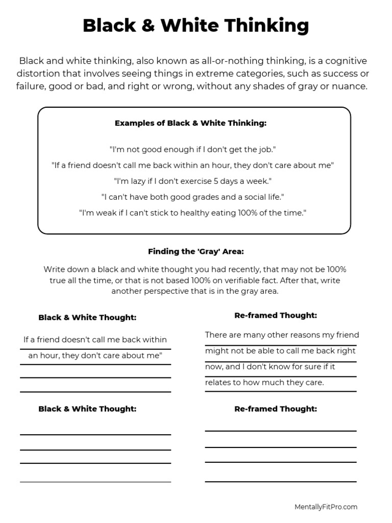 Black and White Thinking Worksheet CBT | PDF | Thought | Behavioural ...