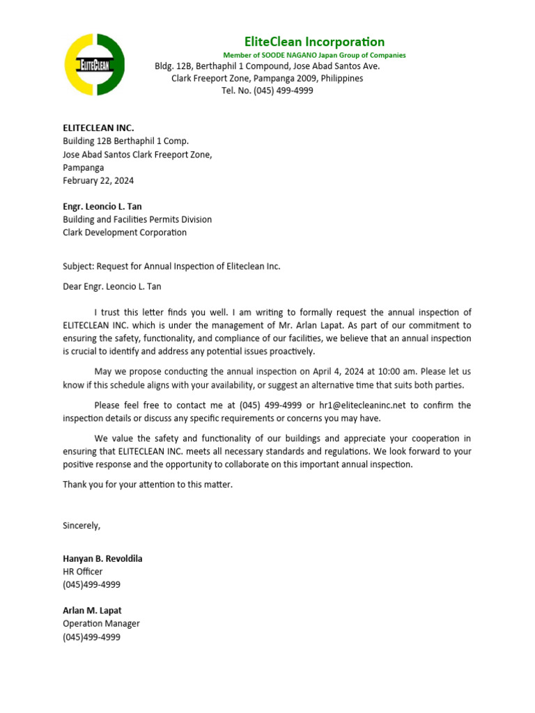 Request Letter For Annual Inspection | PDF | Business