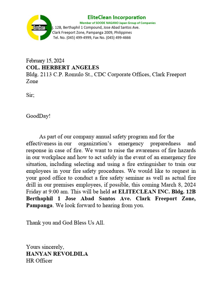 Request Letter For Fire Drill Seminar | PDF