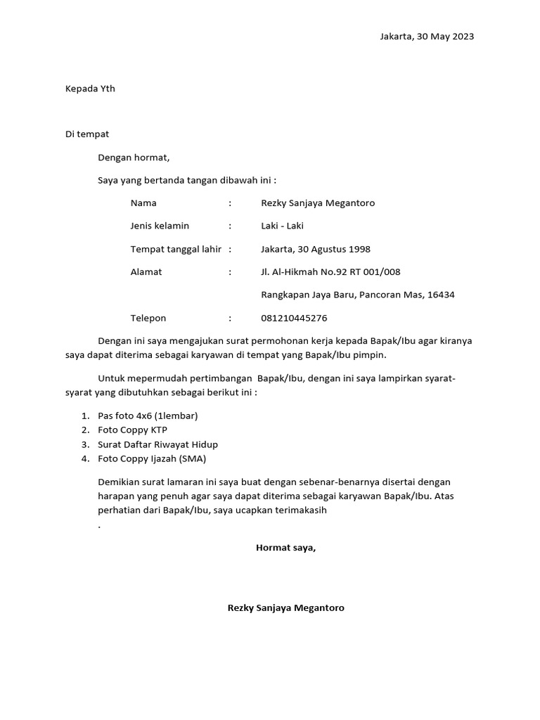 Lamaran Kerja Rezky | PDF