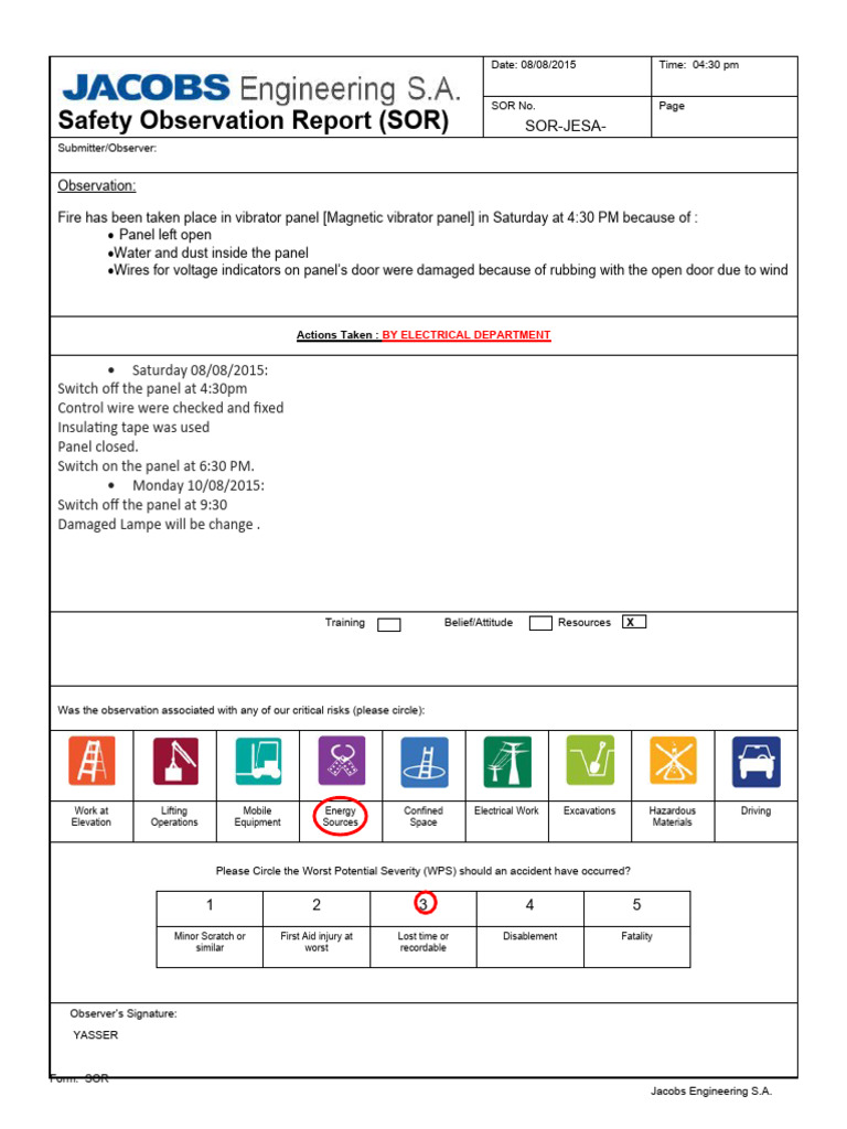 Safety Observation Report (SOR) | PDF | Safety | Electromagnetism