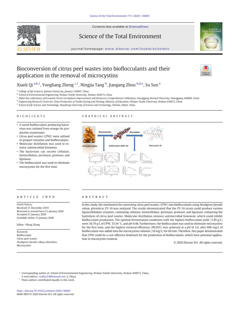 Citrus Peel Waste to Bioflocculants for Microcystin Removal | PDF | Ph ...