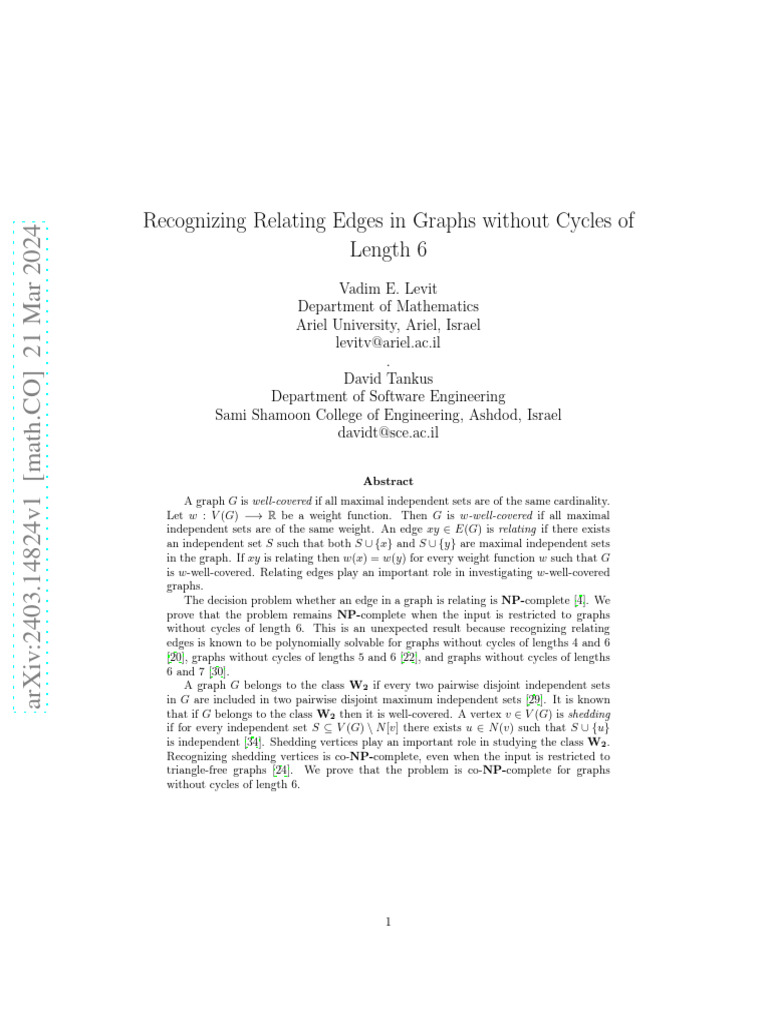 Recognizing Relating Edges in Graphs Without Cycles of Length 6 | PDF ...