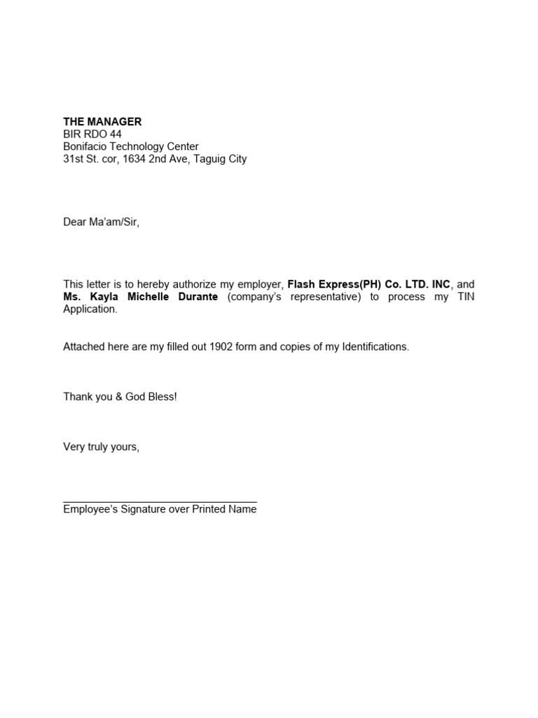Authorization Letter To BIR (Employee) | PDF