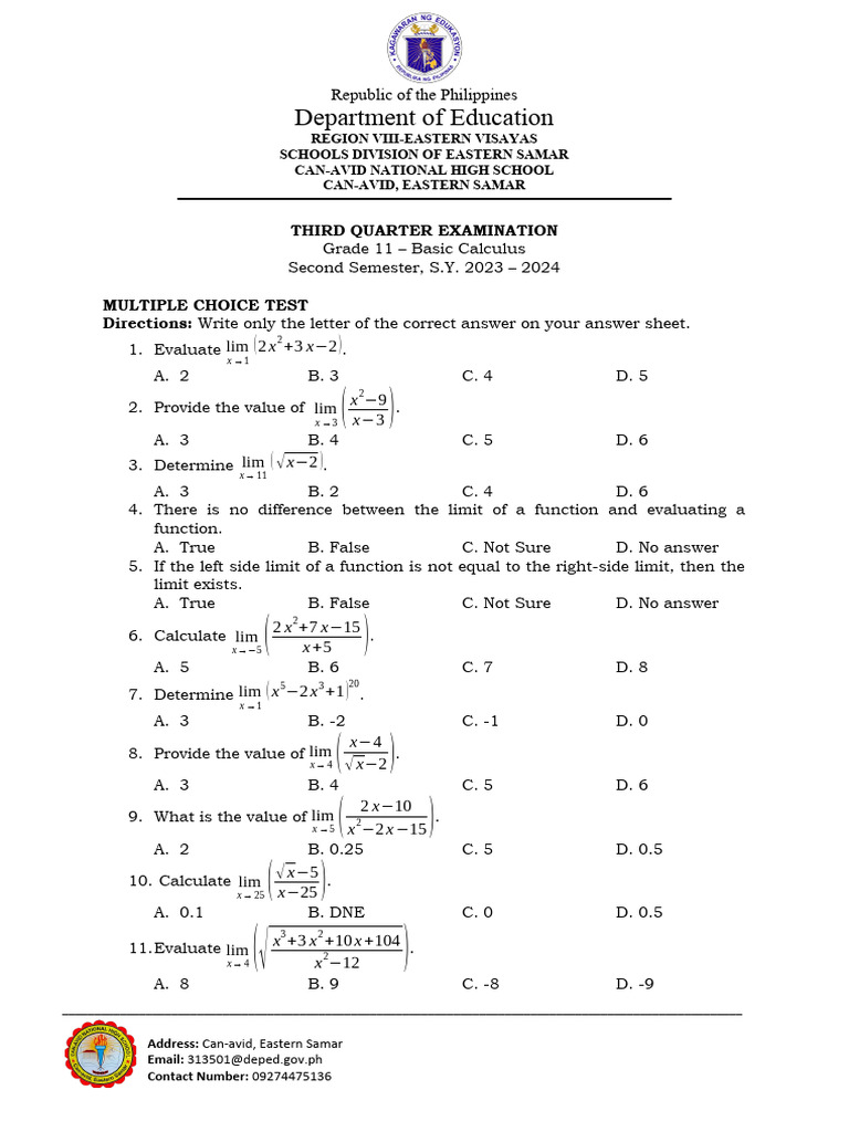 Third Quarter Examination In Basic Calculus Pdf Mathematical Relations Mathematical Objects