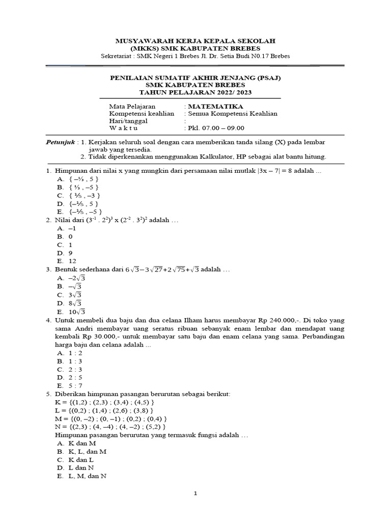 Soal PSAJ MTK Kelas XII Tahun 2023 | PDF | Metode & Bahan Ajar