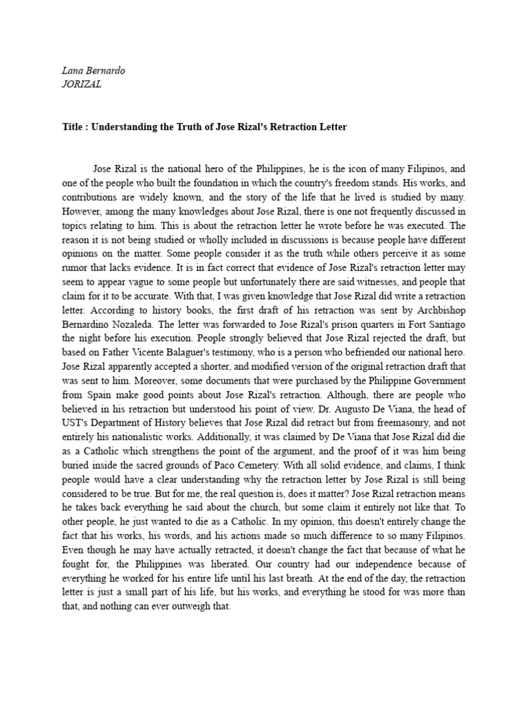 Jose Rizal's Retraction Letter - Position Paper | PDF