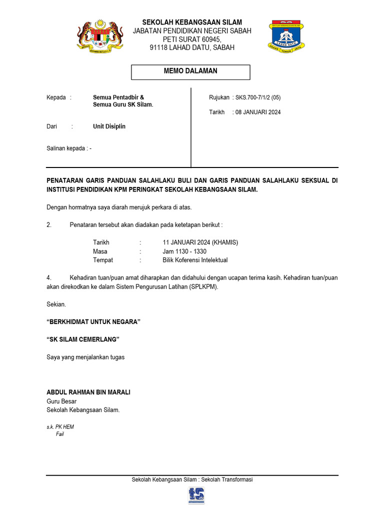 Memo Penataran Garis Panduan Buli Dan Gangguan Seksual | PDF