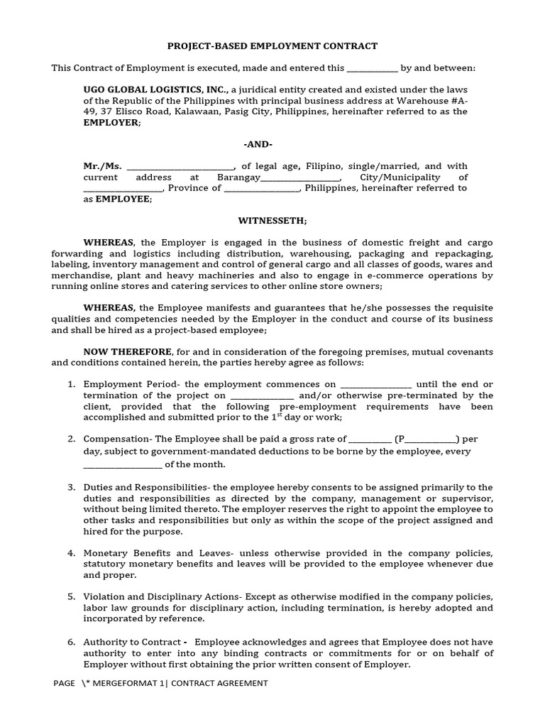 Project-Based Employment Contract | PDF | Employment | Warehouse
