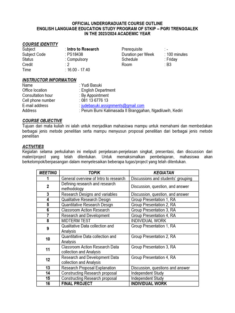 Course Outline Intro 2 Research 2024 | PDF
