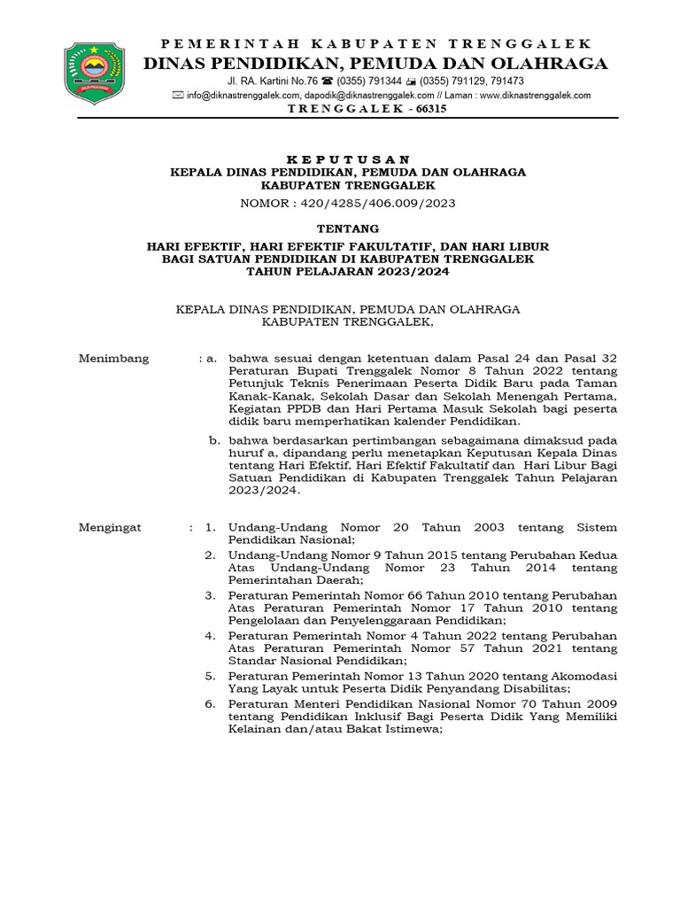 SK Kalender Pendidikan Efektif Fakultatif 2023-2024 Disdikpora | PDF