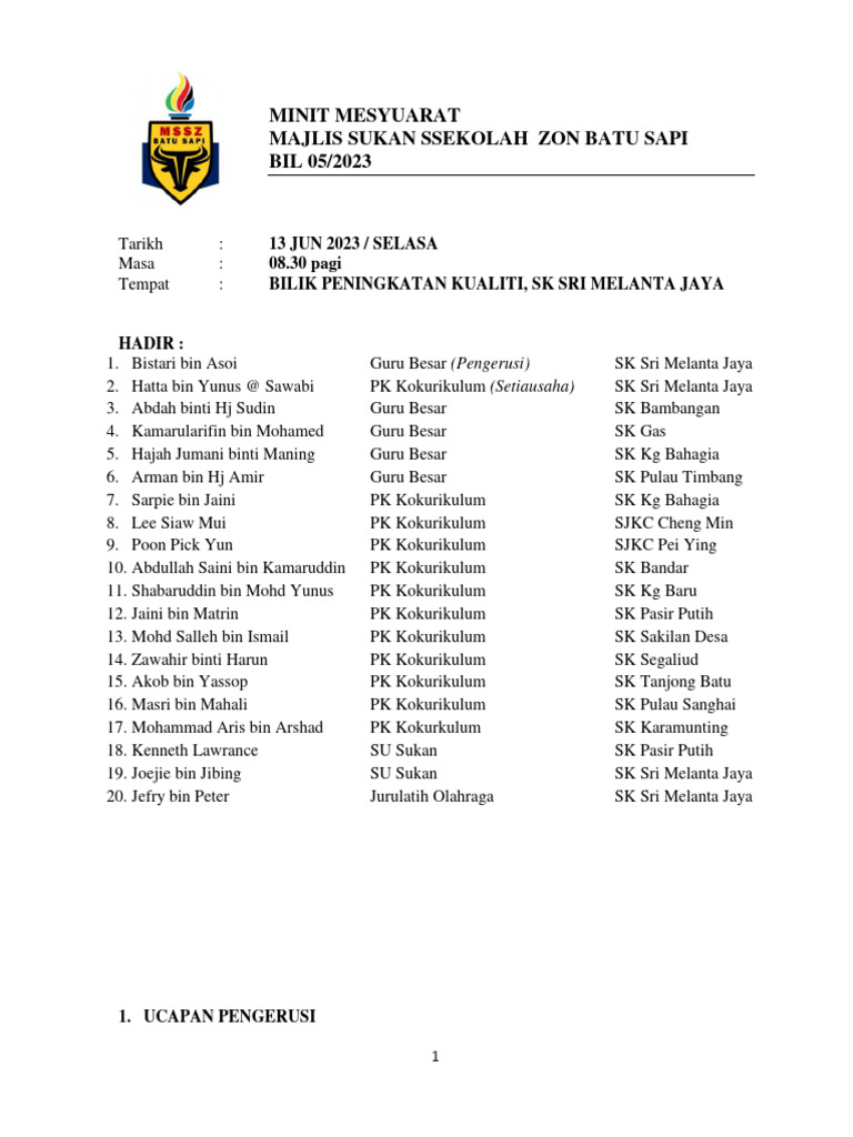 Minit Mesyuarat MSSZS Bil 5 - 2023 | PDF
