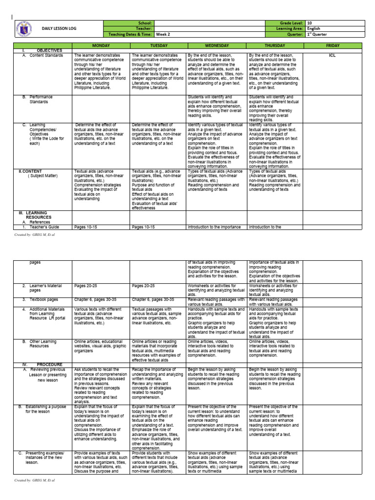 Eng10 Wk2 | PDF | Reading Comprehension | Cognitive Psychology