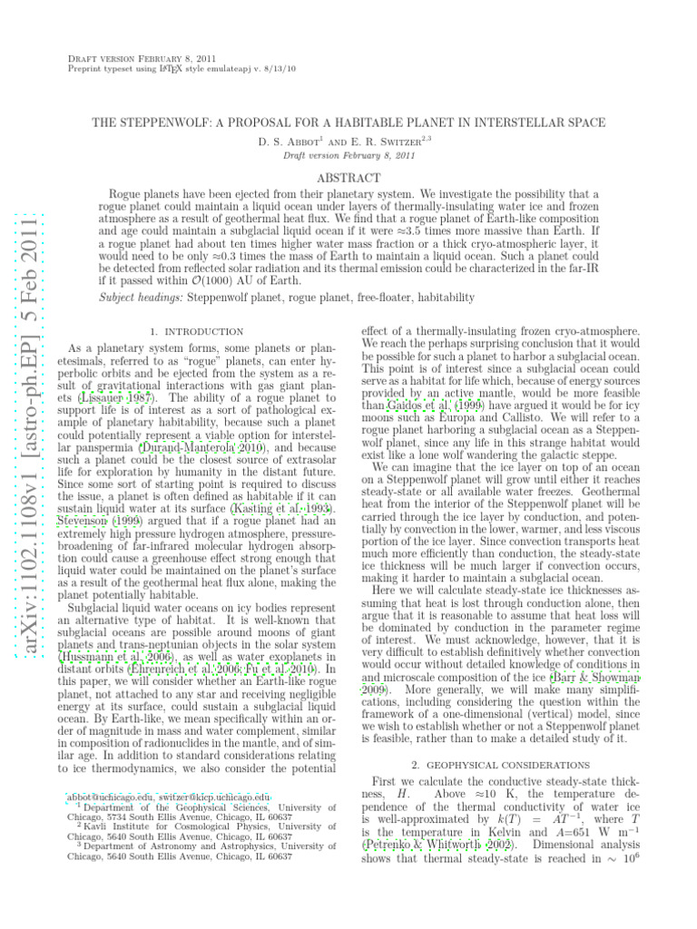 A PROPOSAL FOR A HABITABLE PLANET IN INTERSTELLAR SPACE 1102.1108v1 ...